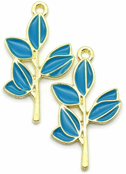 2pc 31x18mm Enameled Branch Charms in Teal - Bead Box Bargains