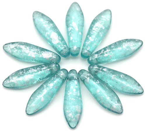 10pc 16x5mm Czech Pressed Glass Dagger Beads, Aqua/Silver Splash - Bead ...