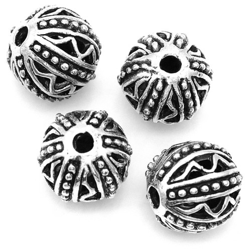 4pc 10.5mm Ornate Patterned Round Beads, Antique Silver - Bead Box Bargains
