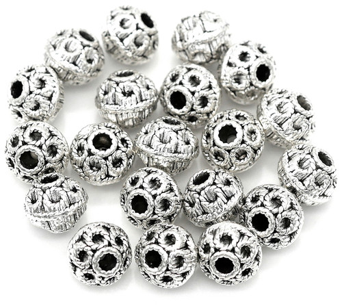 20pc 8x7mm Ornate Patterned Round Beads, Antique Silver - Bead Box Bargains