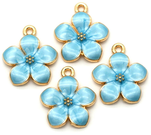 4pc 17x15mm Enameled Flower Charm, Light Gold/Sky Blue - Bead Box Bargains