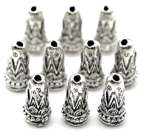10pc 14x7mm Fancy Cone Bead Cap, Antique Silver - Bead Box Bargains