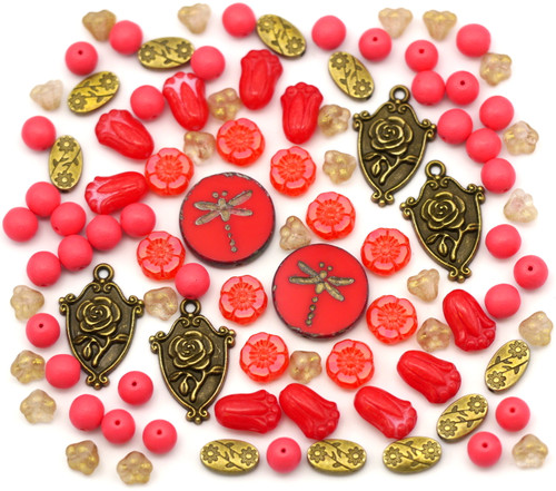 Czech Glass Roses Are Red Bead Assortment - Bead Box Bargains