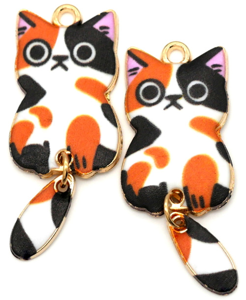 2pc 38x16mm Enameled Calico Cat Charms w/Articulated Tail, Gold - Bead ...