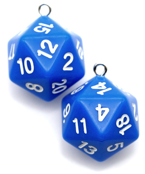 2pc 28x21mm Acrylic D20 Dice Pendants, Blue & White - Bead Box Bargains