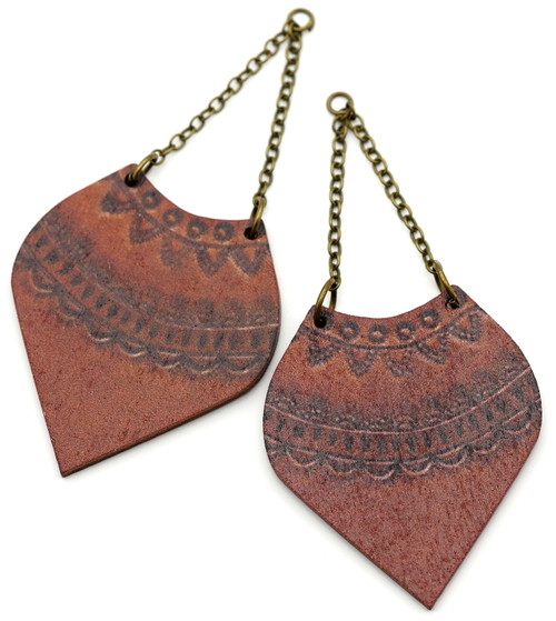 2pc 44x39mm Patterned Wood Pendants W Brass Chain Accent Brown Bronze