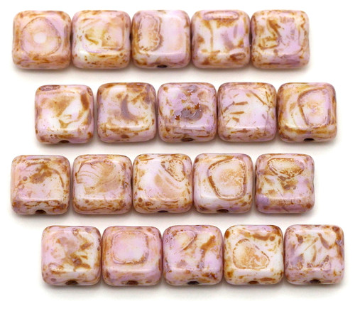 20pc 6mm Czech Pressed Glass Square Tile Beads, Alabaster w/Picasso ...
