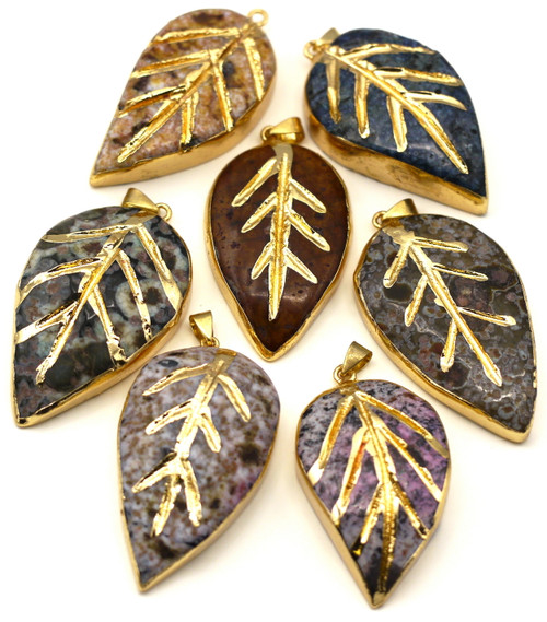 RANDOM PICK: 1pc Approx. 50-65mm Electroplated Agate Leaf Pendant ...