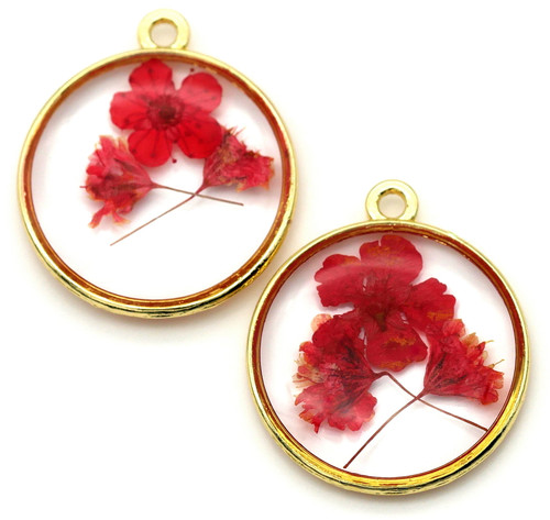 2pc 22x19mm Resin Floral Round Pendants, Red & Gold - Bead Box Bargains