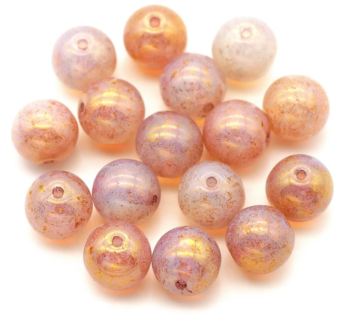 16pc 8mm Czech Pressed Glass Druk Round Beads, White Opal w/Gold Topaz ...
