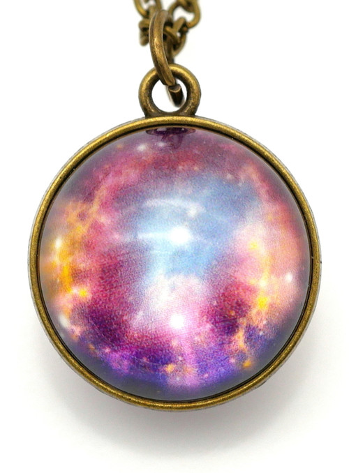 Approx. 20mm Glass Printed Pink Nebula Pendant w/Chain, Antique Bronze ...