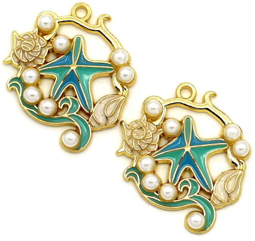2pc 30.5x26mm Enameled Starfish Sea Theme Charms w/Faux Pearl Accents ...