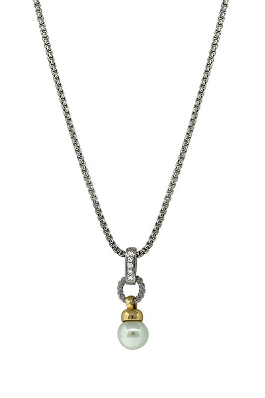Two tone box chain with small pearl in gold pendant necklace