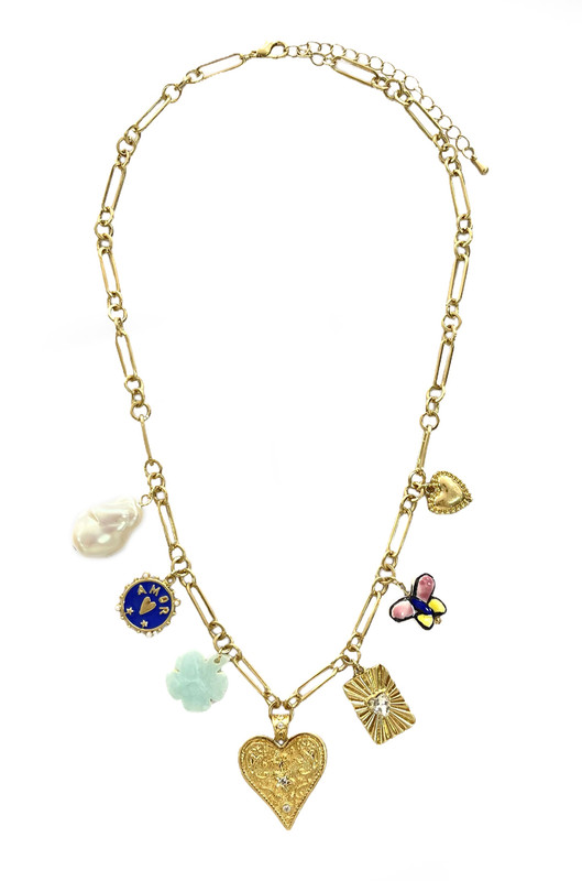 Multi Charm necklace with gold heart