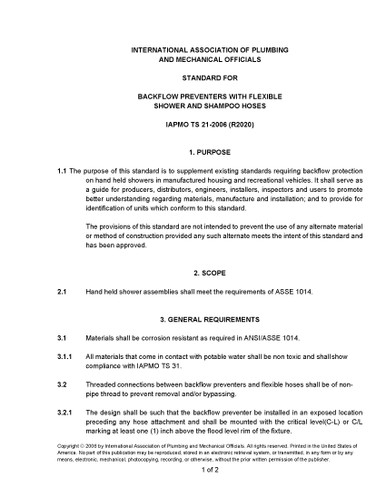 IAPMO TS 21-2006 (R2020) Backflow Preventers with Flexible Shower and Shampoo Hoses - IAPMO ...