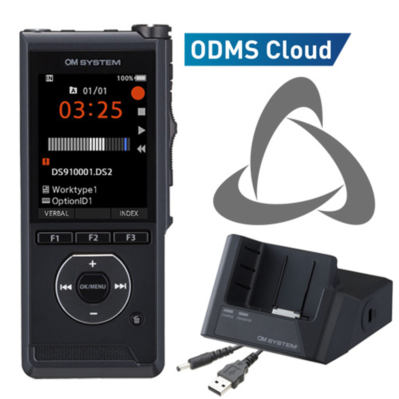 OM System DS-9100CA Professional Dictation Recorder with CR-21 Cradle, F-5AC Power Adapter, and ...