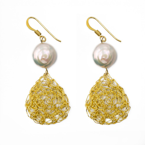 Hand-knitted Water Drop Pearl Earrings | Maria Glezelli