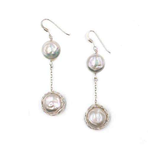 Hand-knitted Long Drop Pearl Earrings | Maria Glezelli