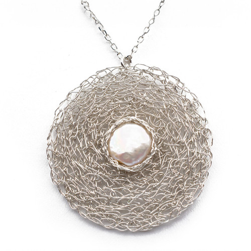 Hand-Knitted Silver Pearl Disk Pendant | Maria Glezelli
