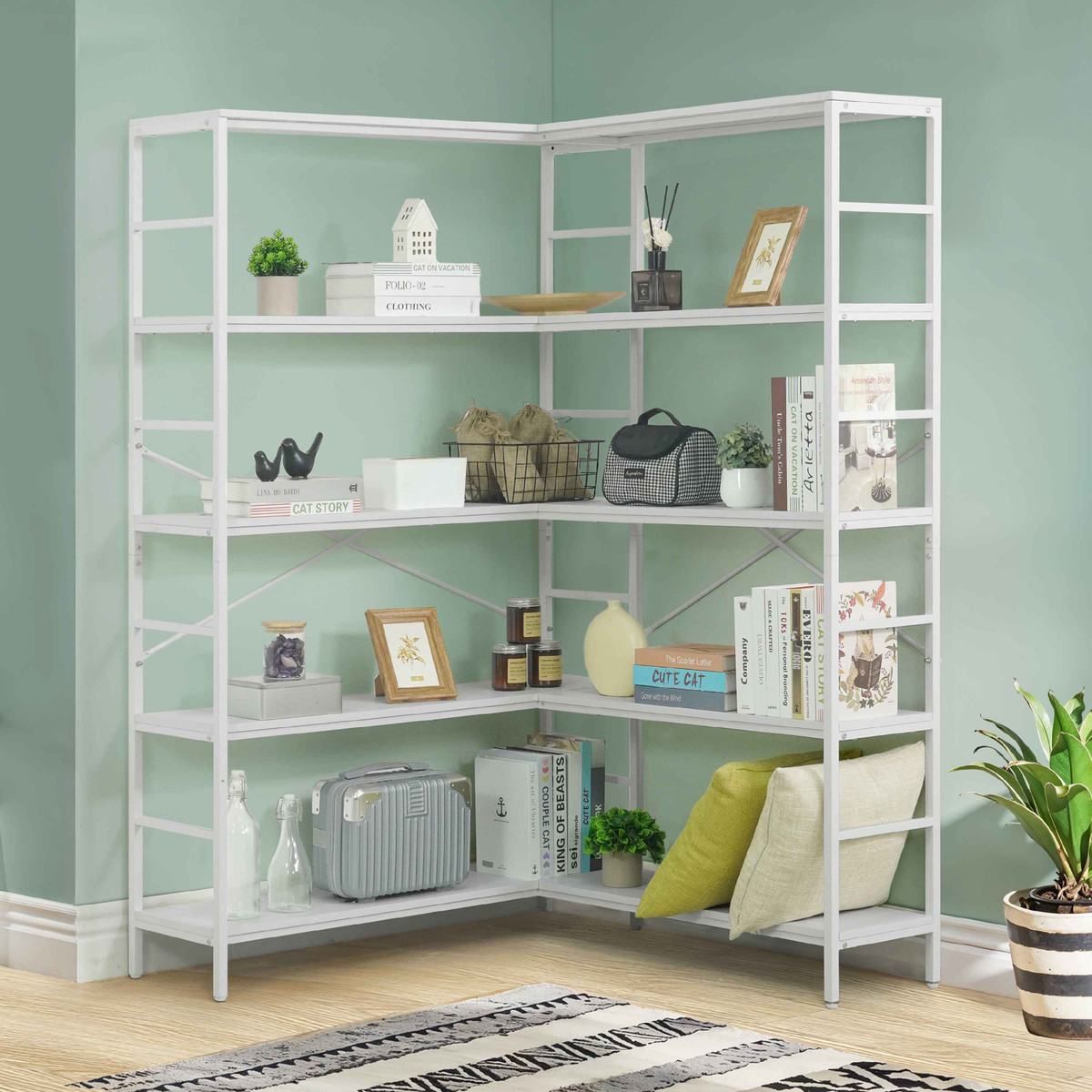 Corner Bookshelf, 5 Tier L-Shaped Bookcase, 2 Colors