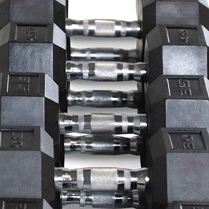 5–120 LB Rubber Hex Dumbbell Set with 3-Tier Rack