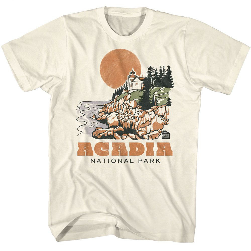 National Parks Acadia Drawn Lighthouse Natural Adult T-Shirt