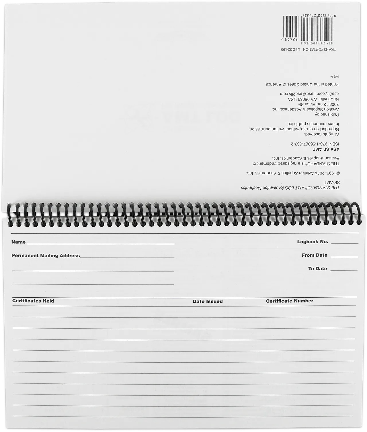 The Standard AMT Log | ASA Pilot Supplies