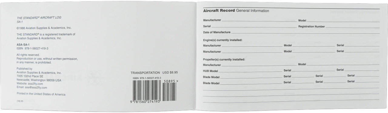 The Standard® Aircraft Log (Softcover) | ASA