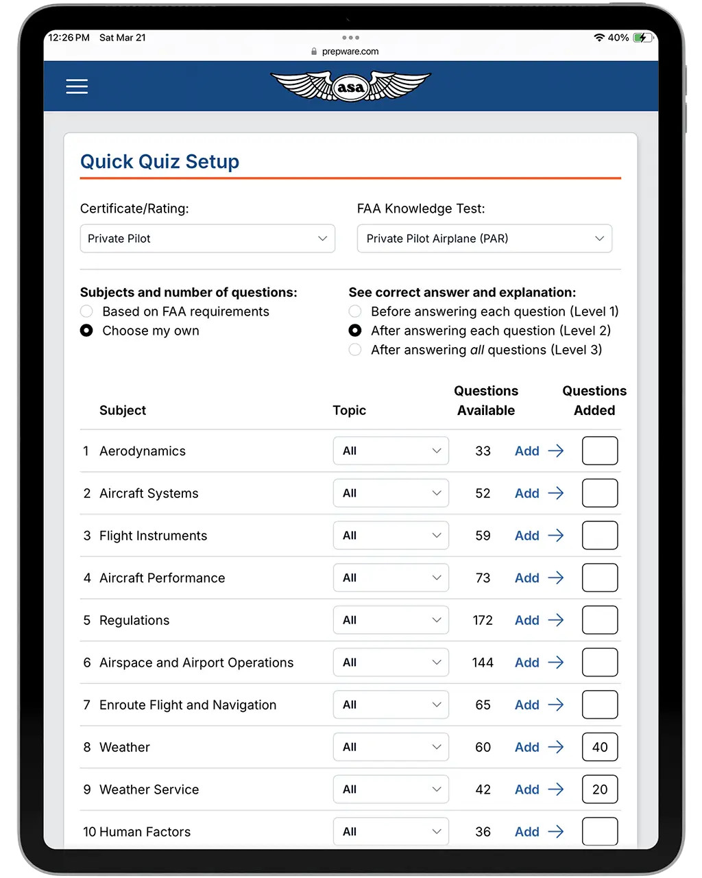 Prepware Online study tool for FAA Knowledge Tests