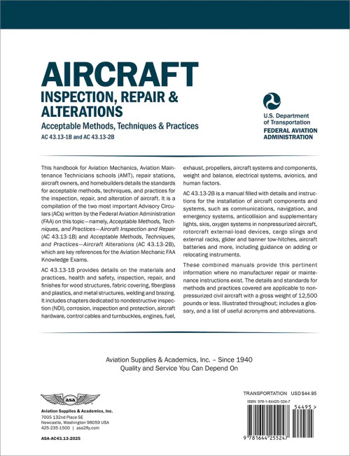 Aircraft Inspection, Repair & Alterations AC43.13-2025 (Softcover)