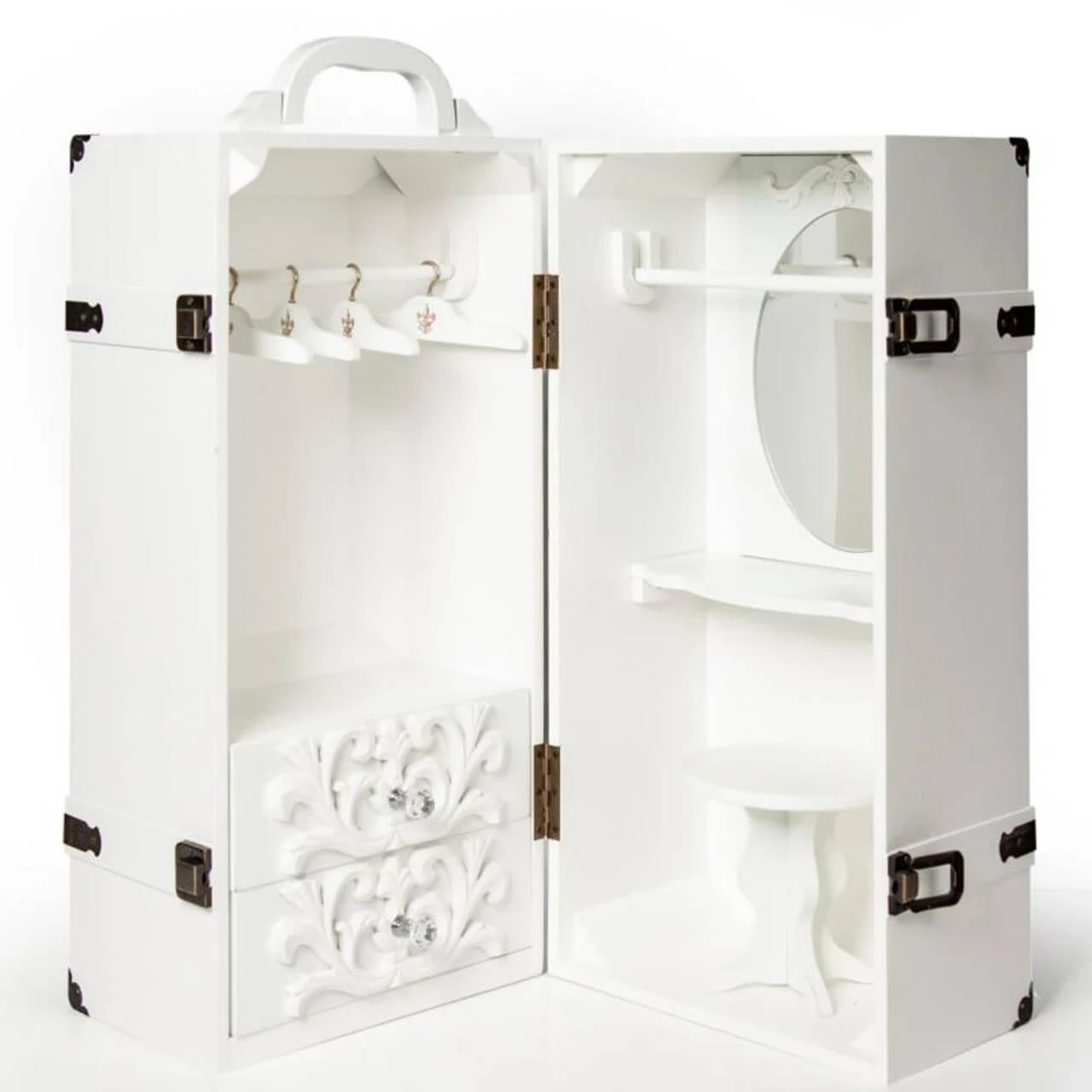White Wooden Trunk with Vanity,Stool,Hangers- 18-Inch Dolls