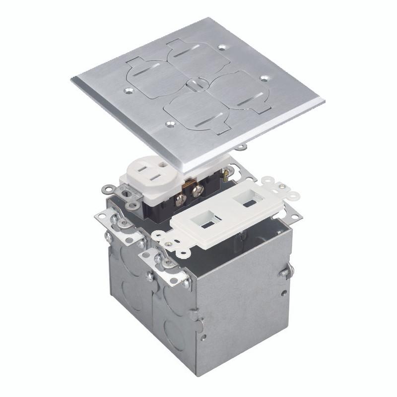 Floor Box Assembly, Square 2-Gang Flip Cover w/ Datacom, Nickel-Plated ...