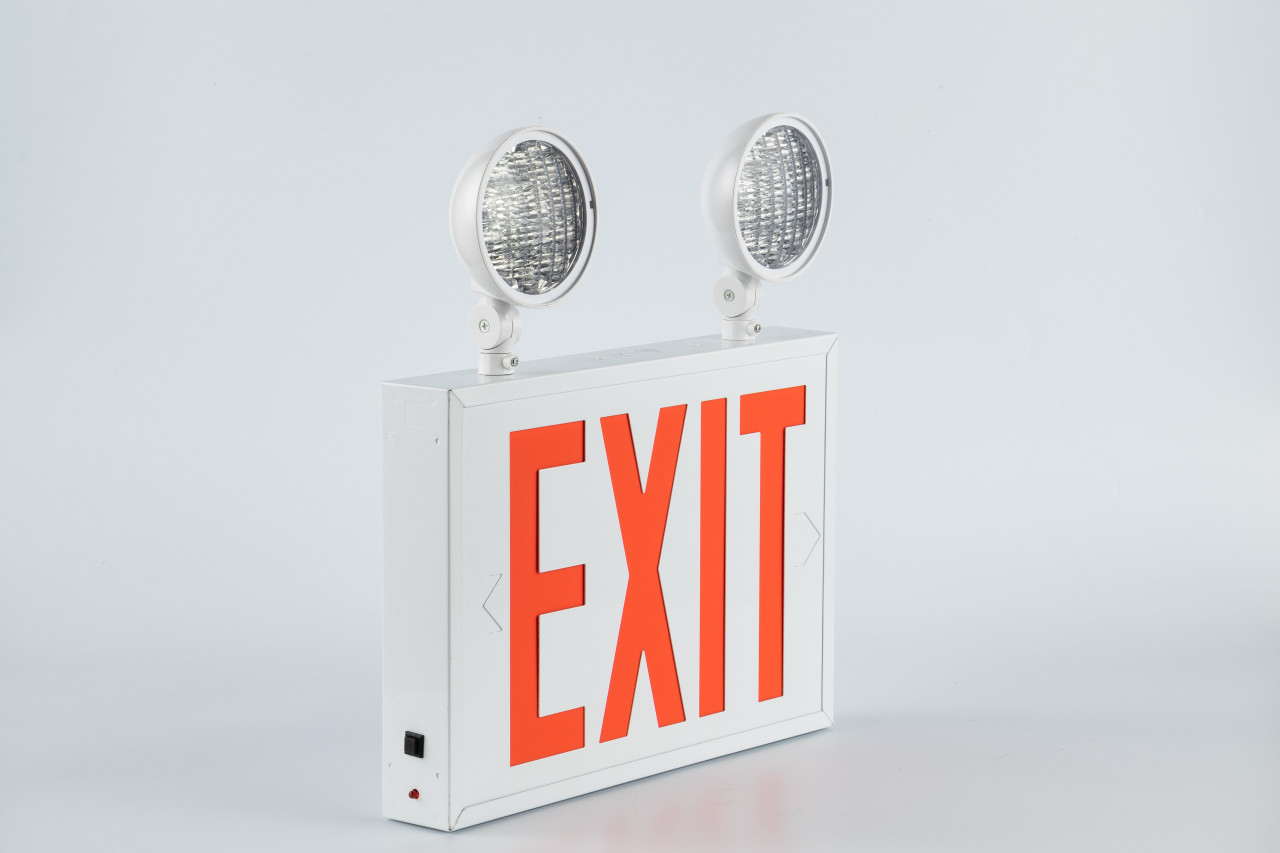 Red Exit Combo Unit, 2 Heads, White Steel Housing, NYC Approved - NA ...