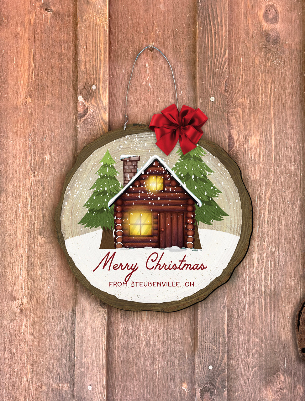 "Merry Christmas" Cabin Log End Door Hanger (Customizable) - Nelson Gifts