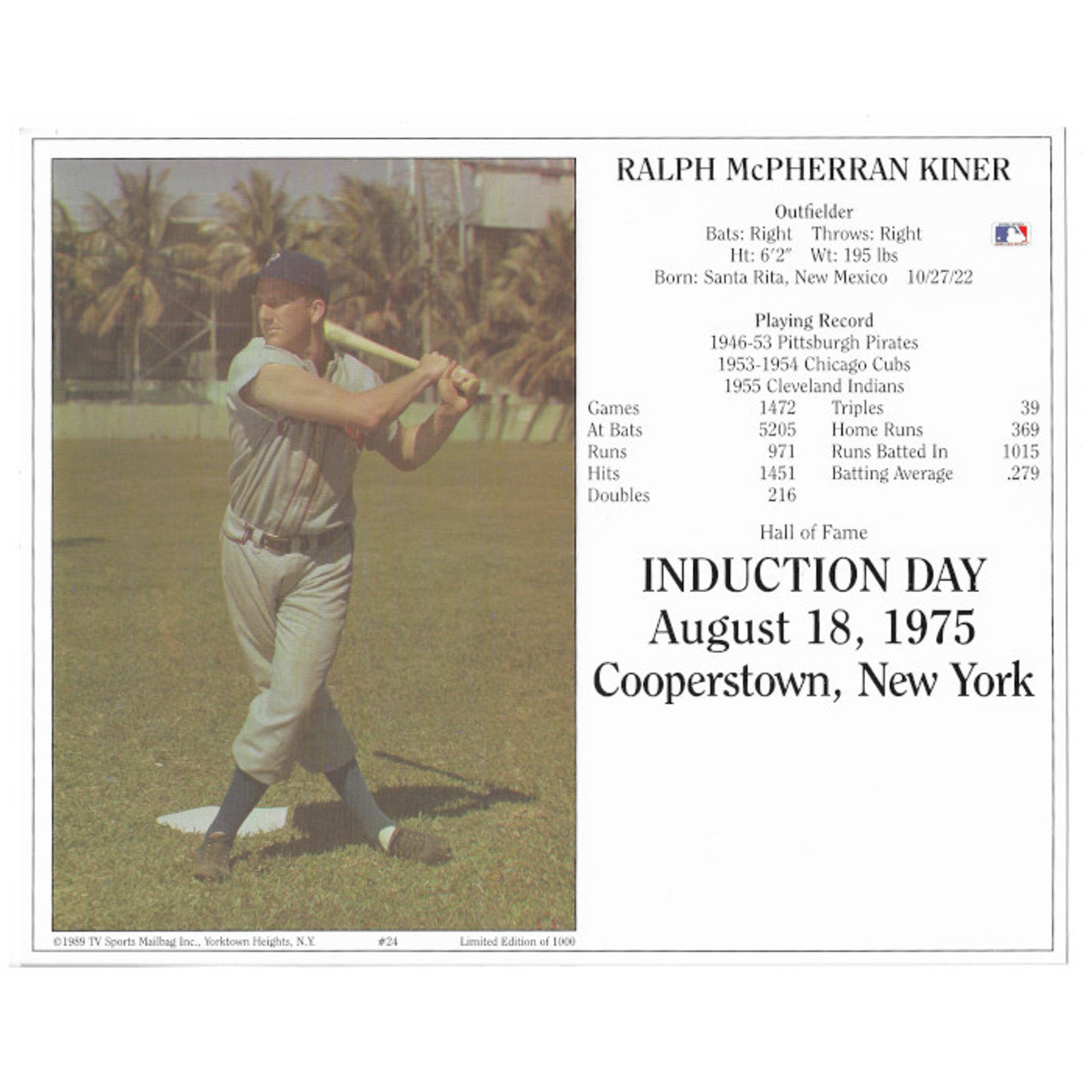 Ralph Kiner Pittsburgh Pirates 1975 Hall Of Fame Induction 8x10 Photocard