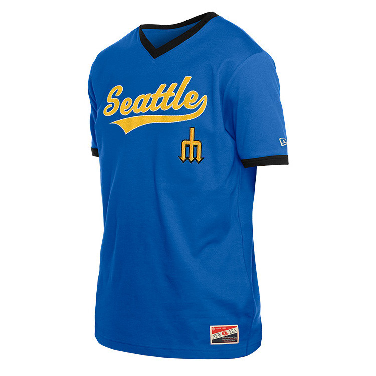 Men’s New Era Seattle Mariners Royal Script Logo V-Neck T-Shirt