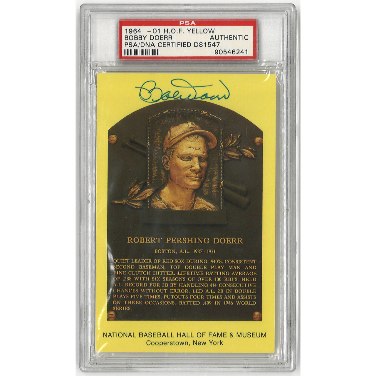 Bobby Doerr Autographed Hall of Fame Plaque Postcard (PSA-41)