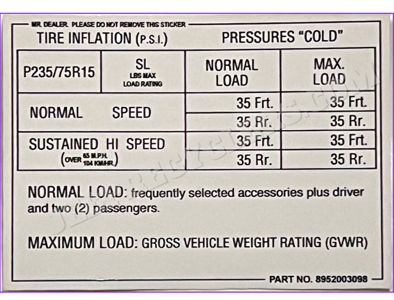 Glove Box Tire Inflation Decal
