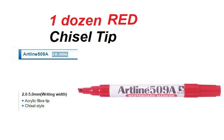 Artline Whiteboard Markers CHISEL Tip 2mm to 5mm - 1 DOZEN RED