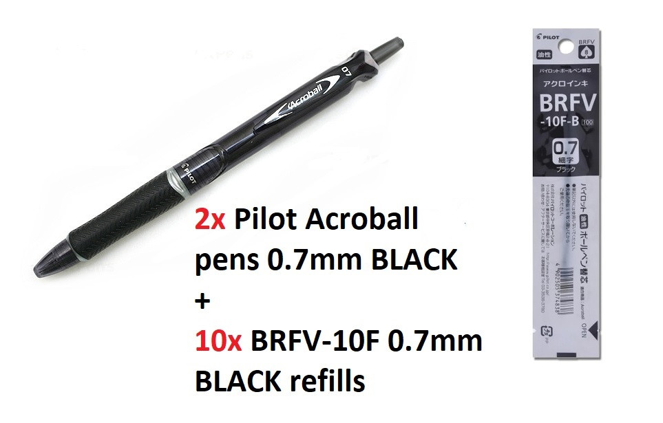 2x Pilot Acroball 0.7mm Ballpoint Pens BLACK + 10x BRFV-10F 0.7mm ...
