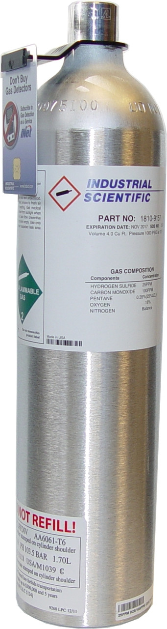 Industrial Scientific Calibration Gas, 116 Liter, 100 ppm CO, 25 ppm ...