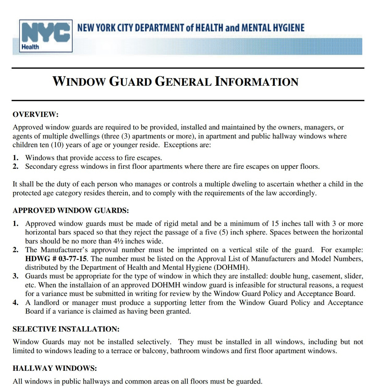 HPD and Dep of health Window Guard information