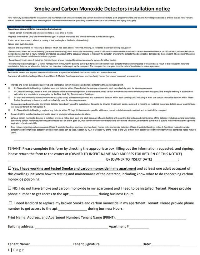 Carbon monoxide detector installation notice
