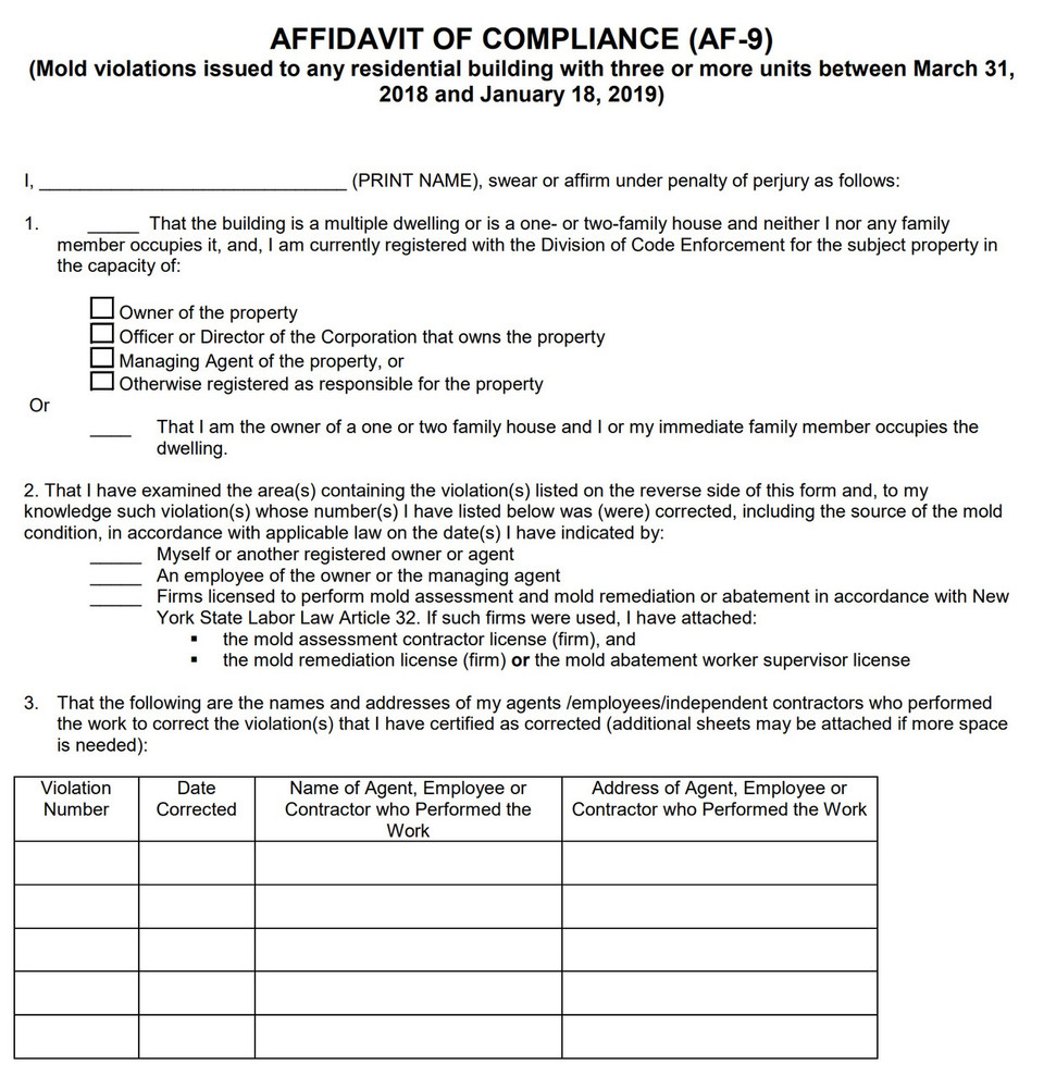 AFFIDAVIT OF COMPLIANCE HPD NYC FORM AF-9 HPD NYC