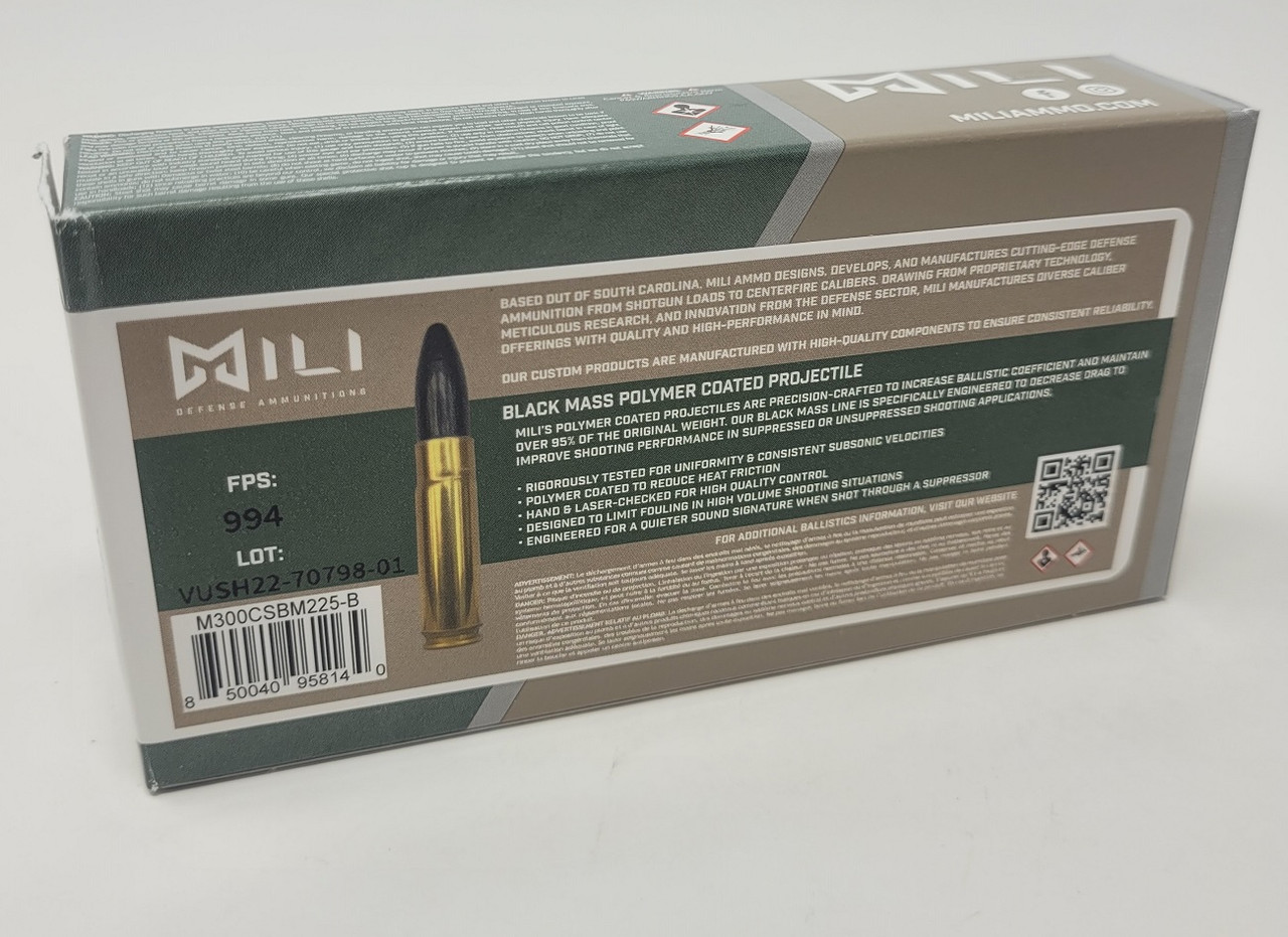 Mili 300 AAC Blackout Ammunition Subsonic Custom Defense M300CSNM225C ...