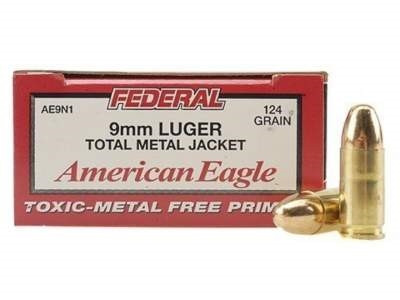 Federal 9mm Ammunition American Eagle AE9AP 124 Grain Full Metal Jacket ...
