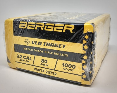 Berger 22 Cal 224 Dia Reloading Bullets 80 Grain Vld Target 1000 Pieces