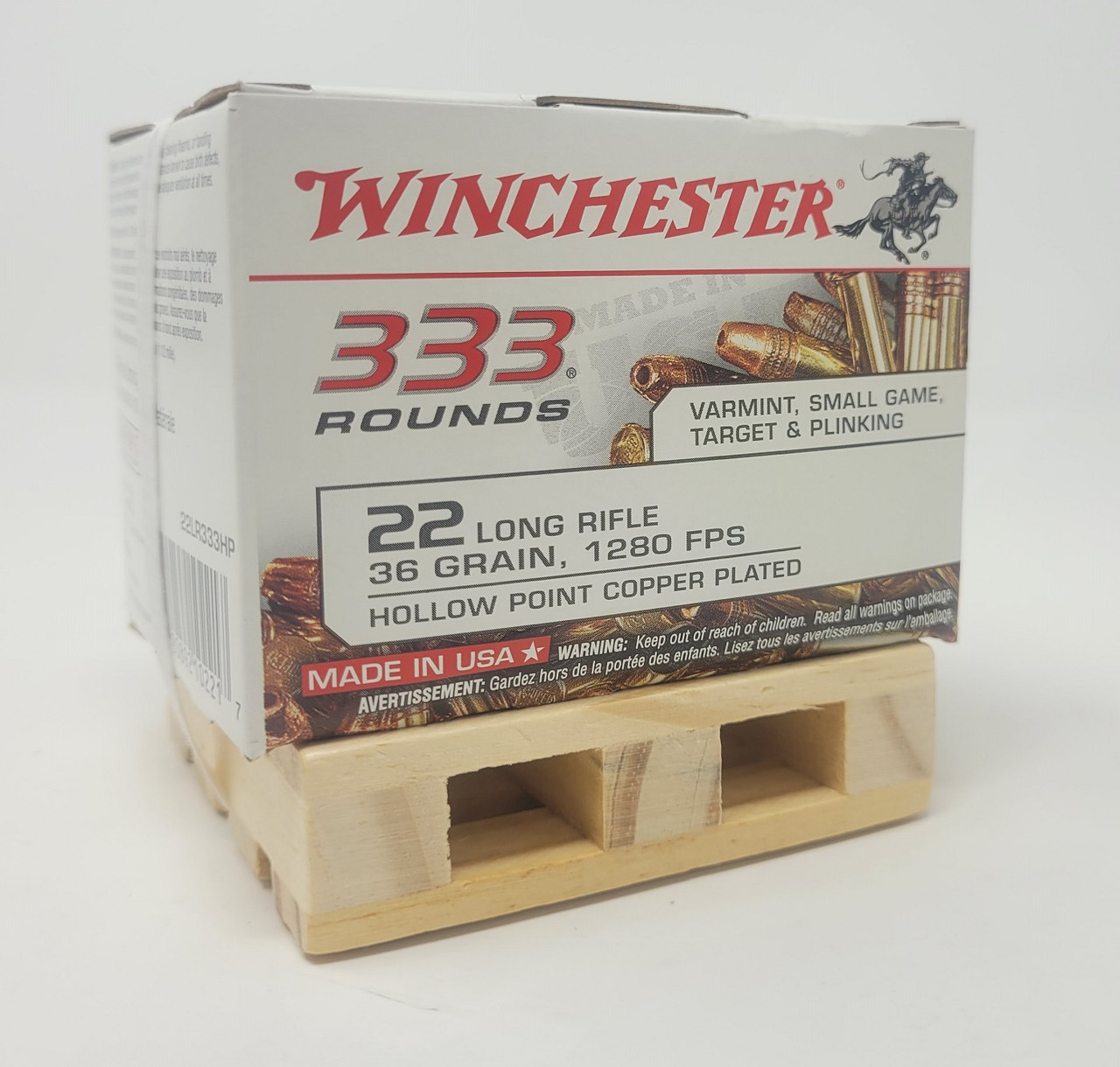 Winchester 22 LR Ammunition 22LR333HP 36 Grain Hollow Point on OL Mini Wooden Pallet 333 Rounds