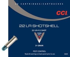 CCI 22LR SHOTSHELL, CCI 0039, #12 Shot, 31gr, 20 per box