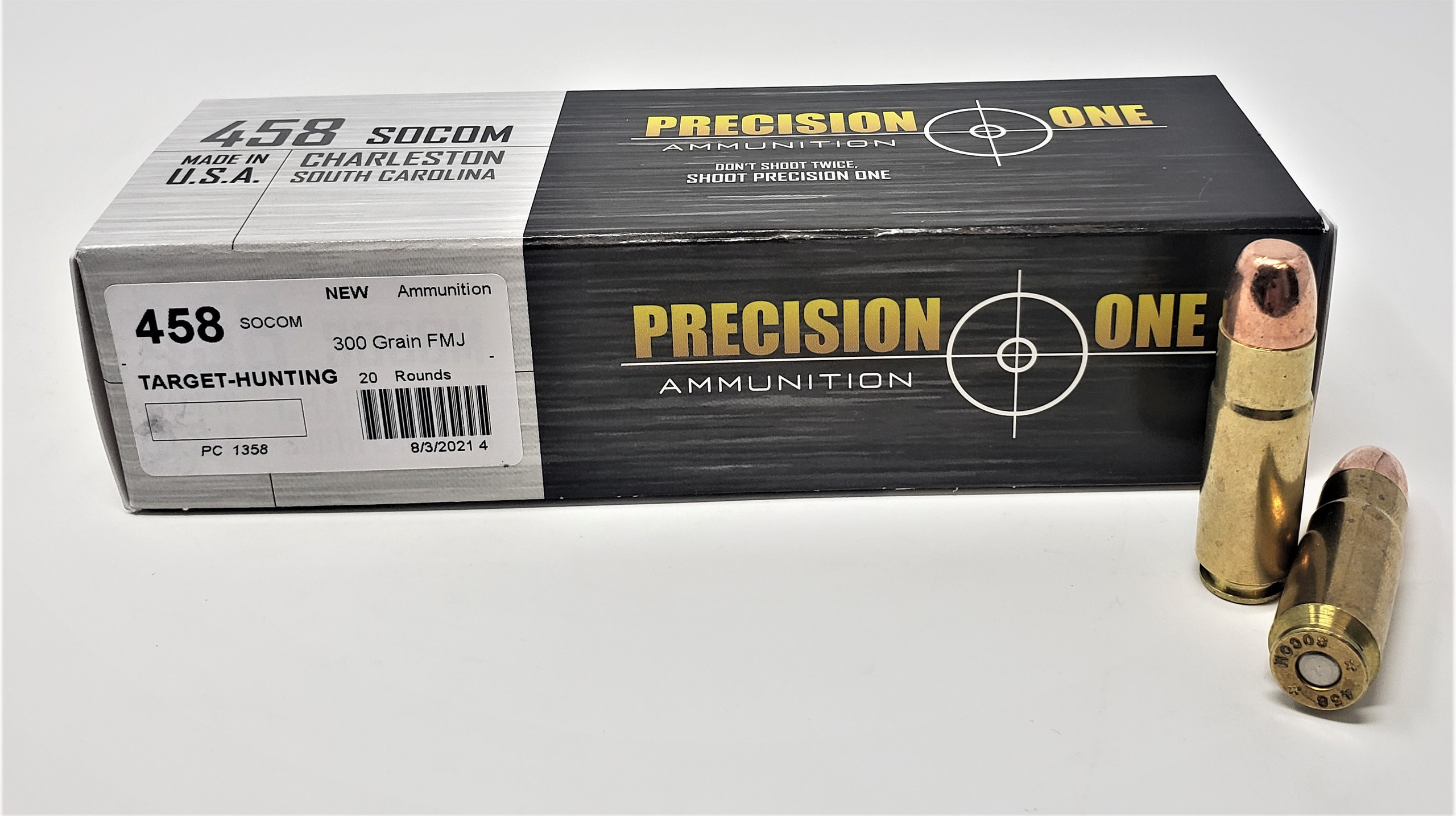 Precision One 458 SOCOM Ammunition 350 Grain Full Metal Jacket Flat ...